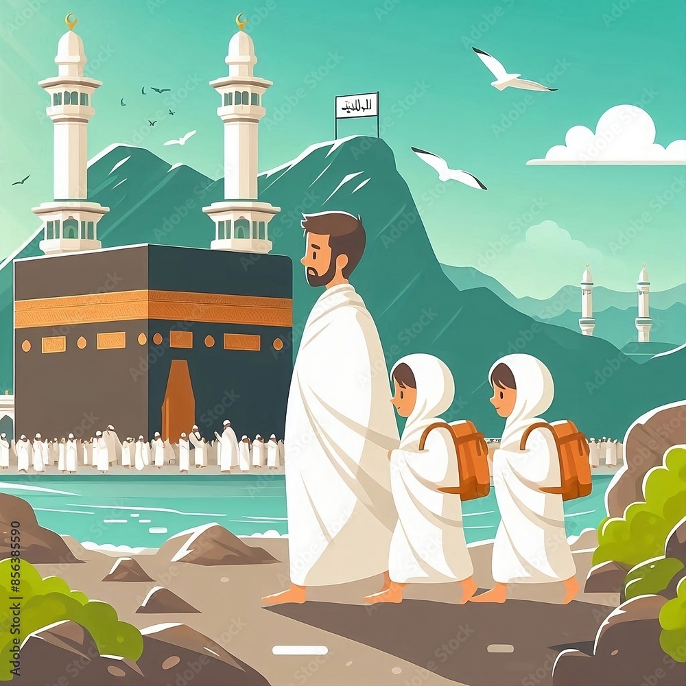 Islamic hajj pilgrimage concept. Vector person illustration. Man with ...