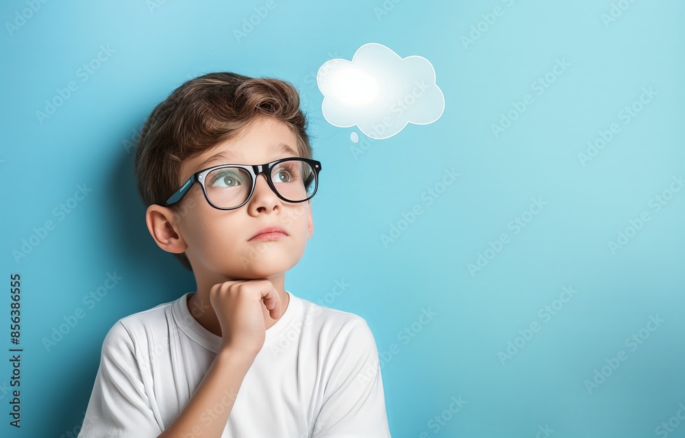 Cute boy with glasses thinking and having an idea, pastel blue ...
