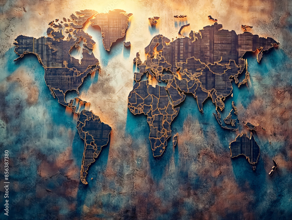 A computer generated map of the world with a blue background. The map ...