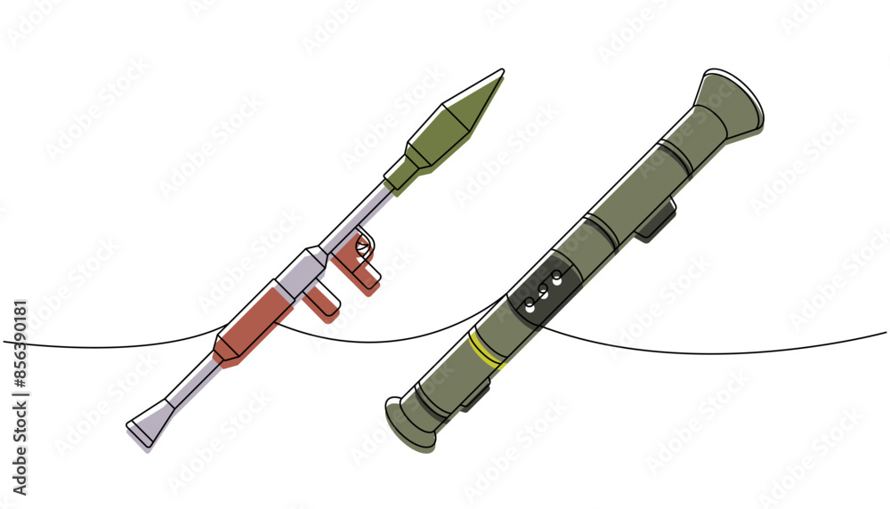 Set of anti-tank grenade launchers one line colored continuous drawing ...