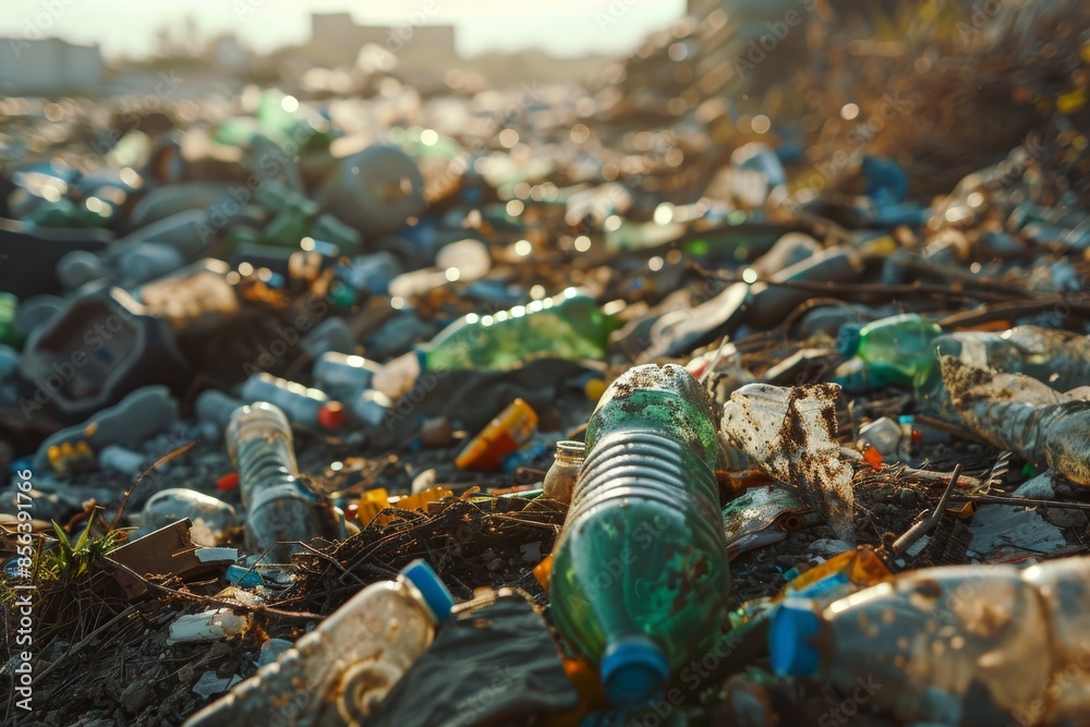 An image of plastic pollution in the jungle. Dirty plastic bottles and ...