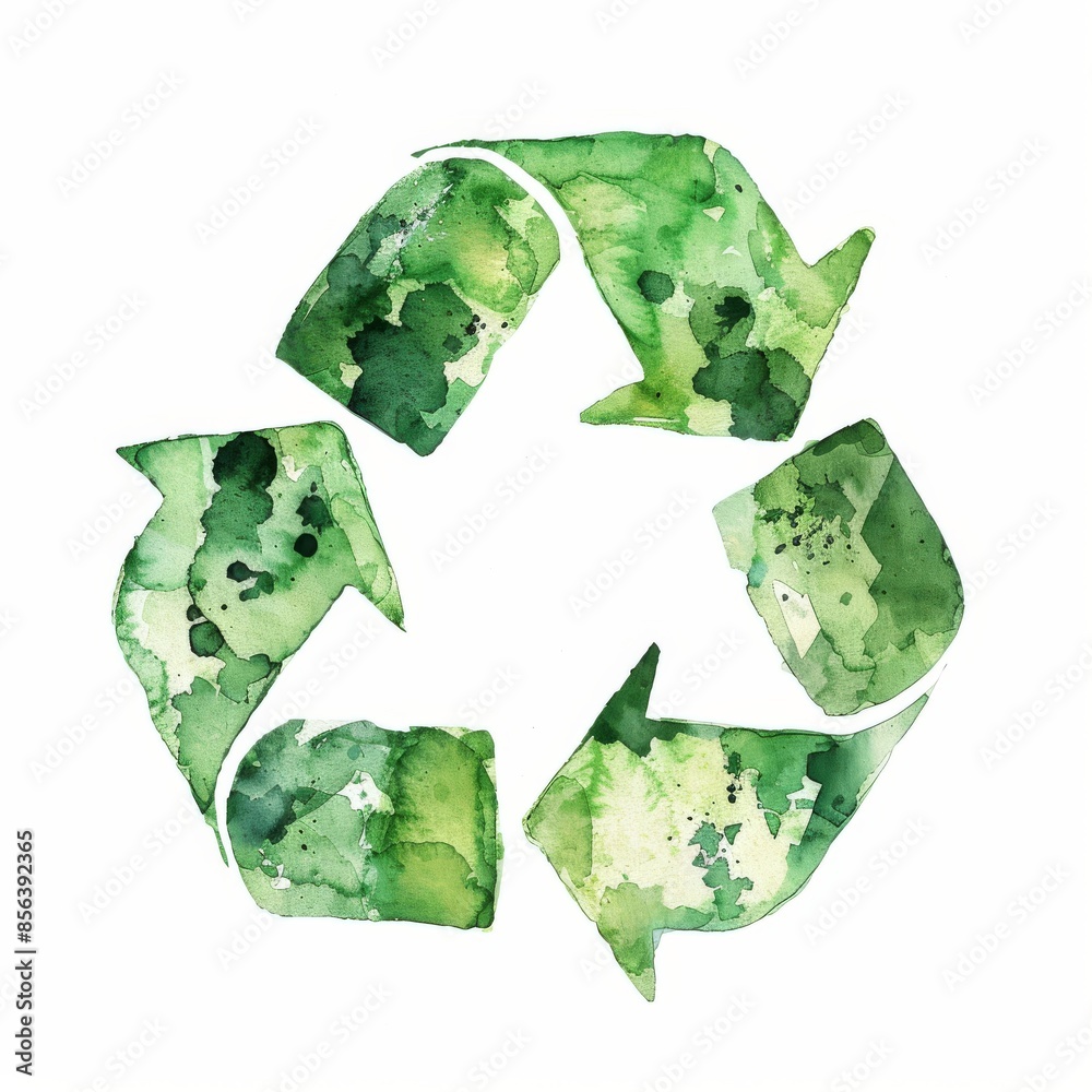 Isolated watercolor recycling sign on white background. Hand drawn ...