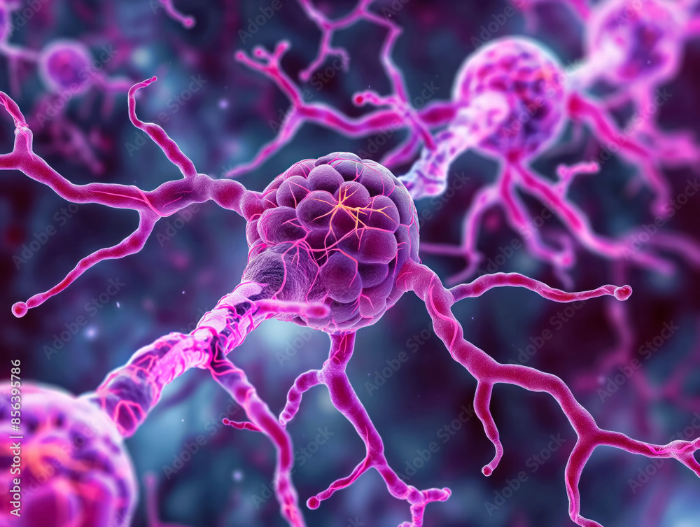 A close up of a bunch of pink brain cells. The image is a ...
