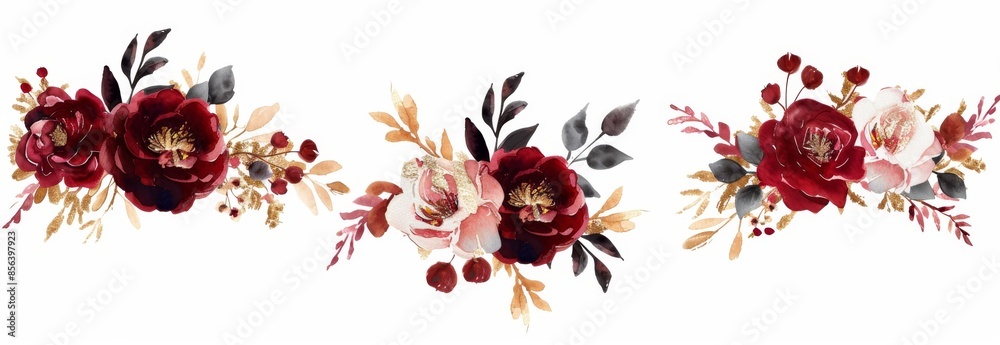 Watercolor burgundy flower illustration, leaf and buds. Botanic ...