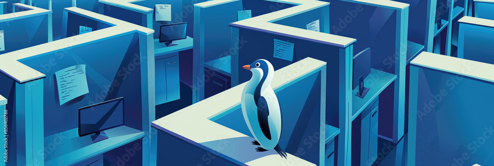 A cartoon penguin stands atop a cubicle wall, looking out over a maze ...