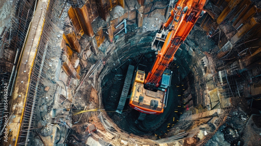The image shows the construction of a large underground tunnel using a ...