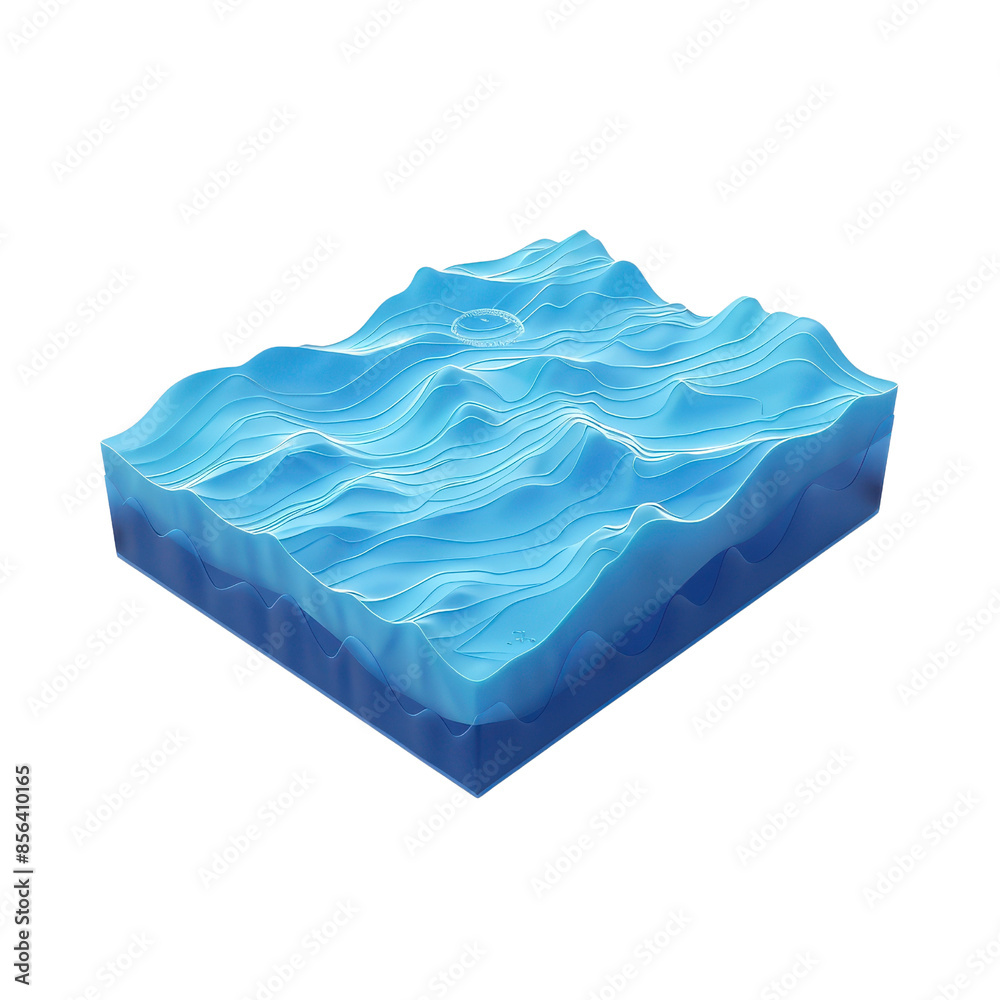 3D topographic map illustration of ocean waves with blue color scheme ...