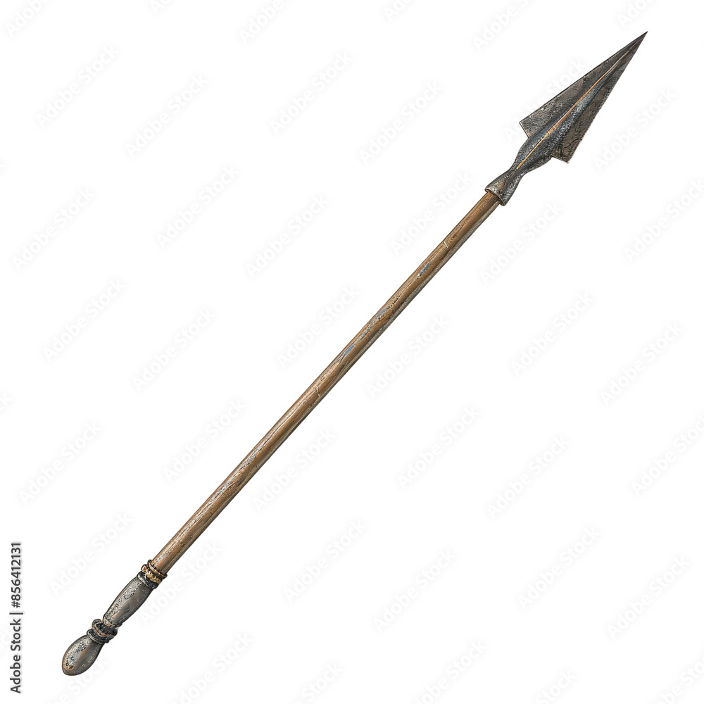 Detailed image of a traditional spear with a wooden shaft and a sharp ...