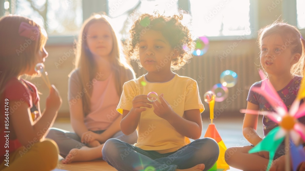 Soft image of children sitting in a circle playing with a pinwheel and ...