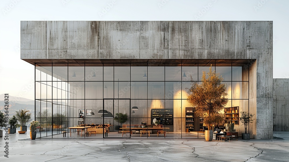 The exterior of an industrial building with large, utilitarian windows ...
