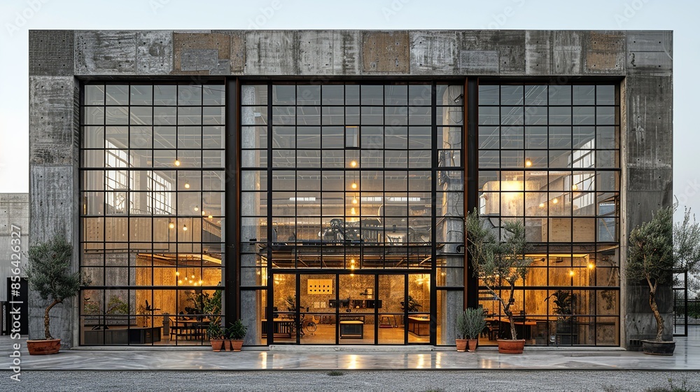 The exterior of an industrial building with large, utilitarian windows ...