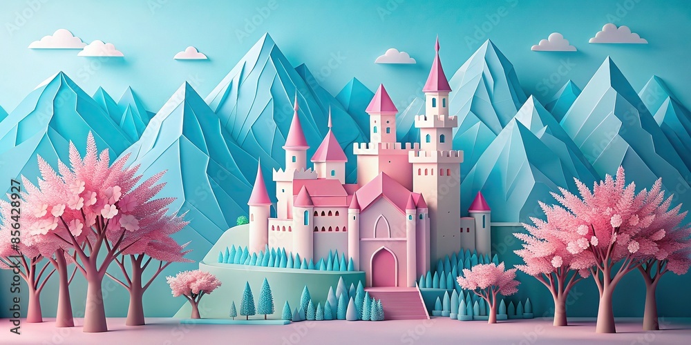 Papercraft castle landscape with pink trees and blue mountains ...