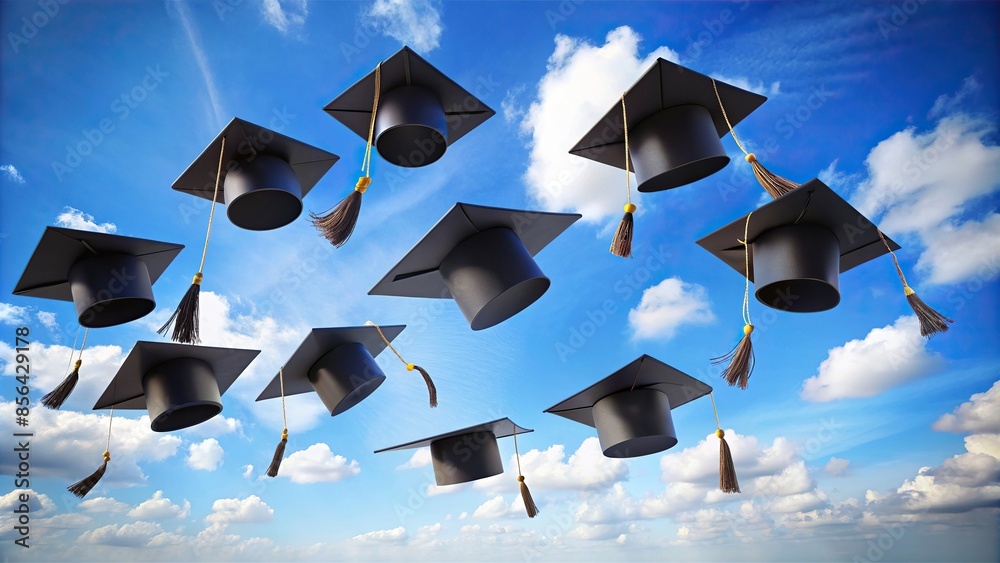 Sequence of mortarboards in mid-air signifying academic achievement ...