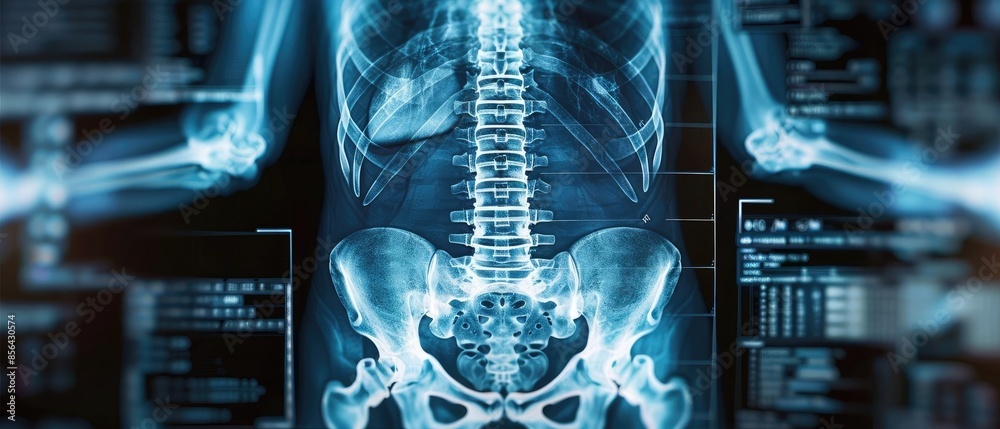 Poster High-resolution X-ray image of human skeletal system displaying ...