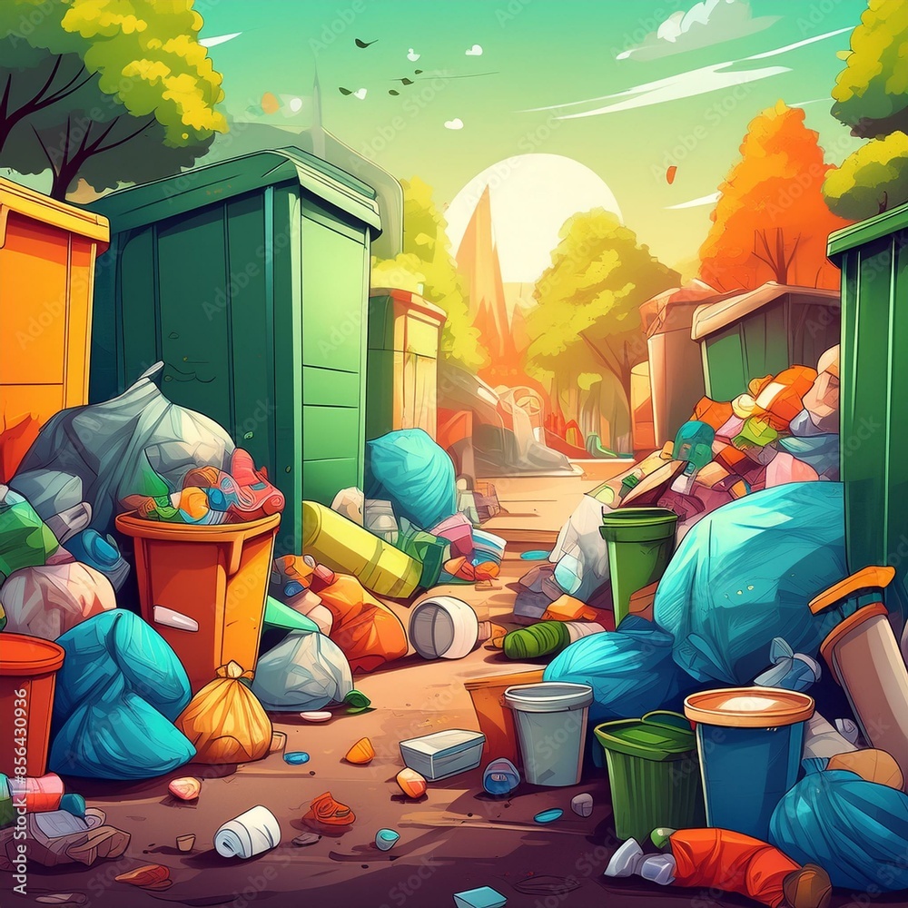 huge garbage piles next to the dumpsters, stacks of litter bags ...