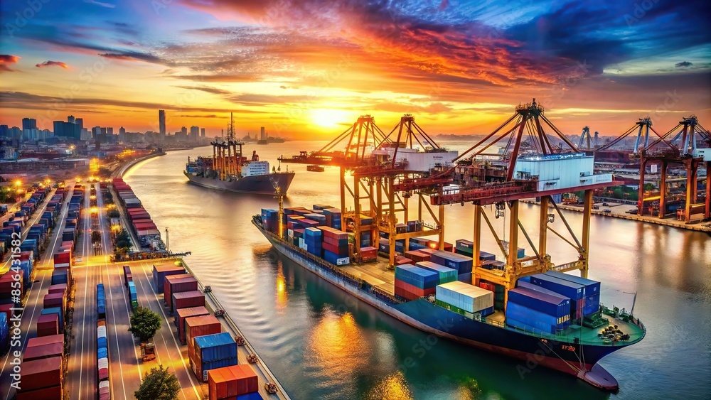 Logistic port with containers and cargo ships, logistics, port ...