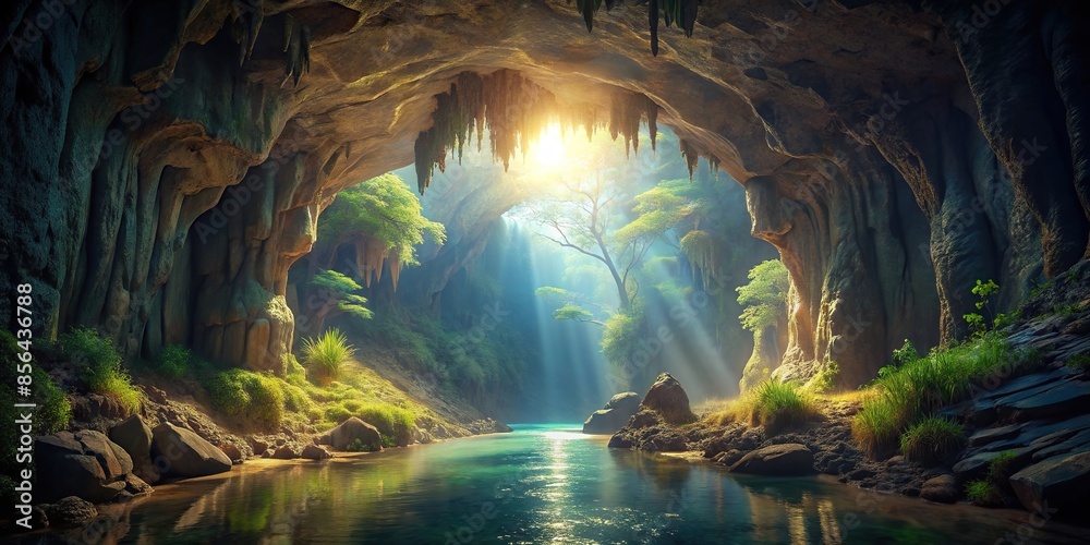 Captivating render of an unexplored deep cave illuminated by mysterious ...