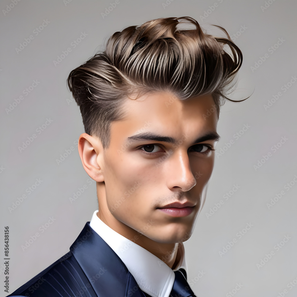 Portrait of handsome young brown lightly wavy Pompadour with fade ...