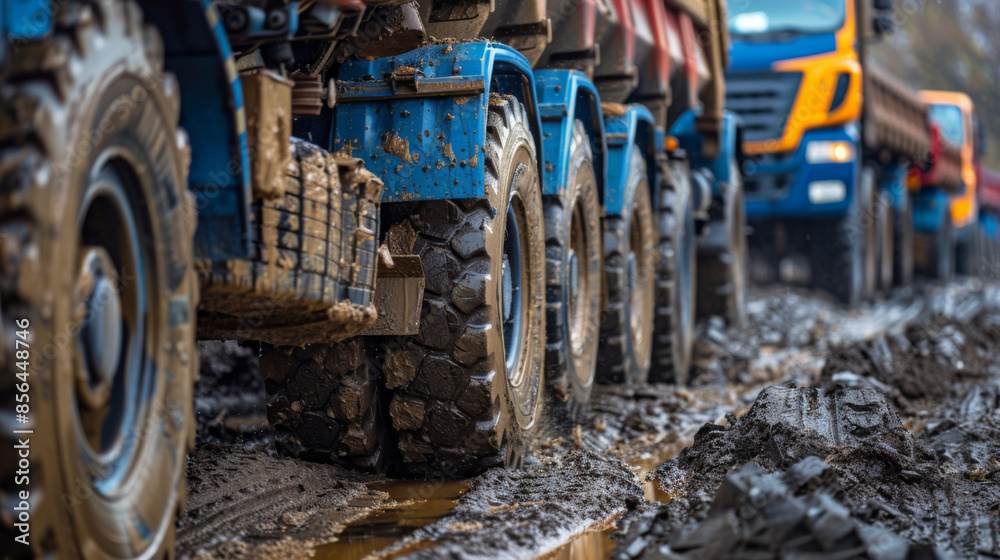 Multiple dump trucks in a row on a muddy construction site ...