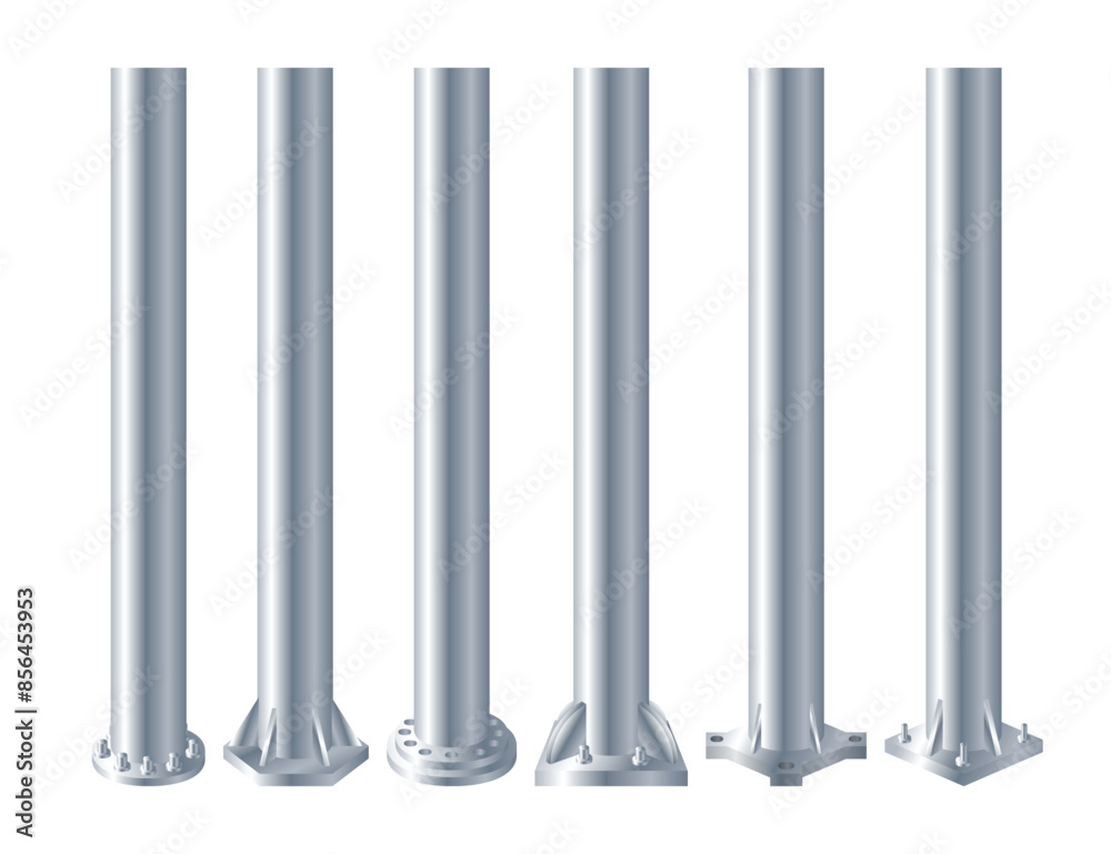 Set of realistic metal pole pillars. Steel pipes bolted on different ...