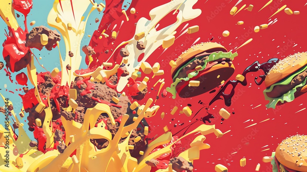 Crazy food fight, flat design, side view, chaotic mess, animation ...