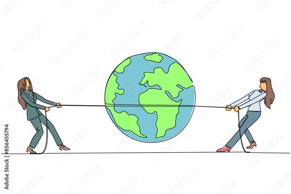 Continuous one line drawing two businesswomen fighting over globe ...