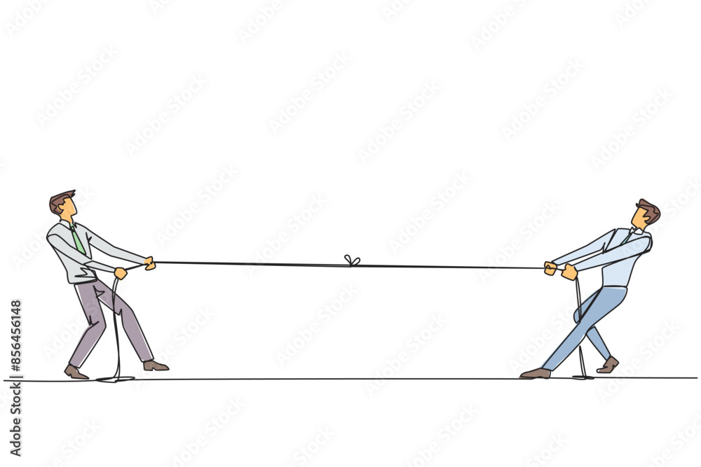 Single one line drawing two businessmen pulling each other's rope ...