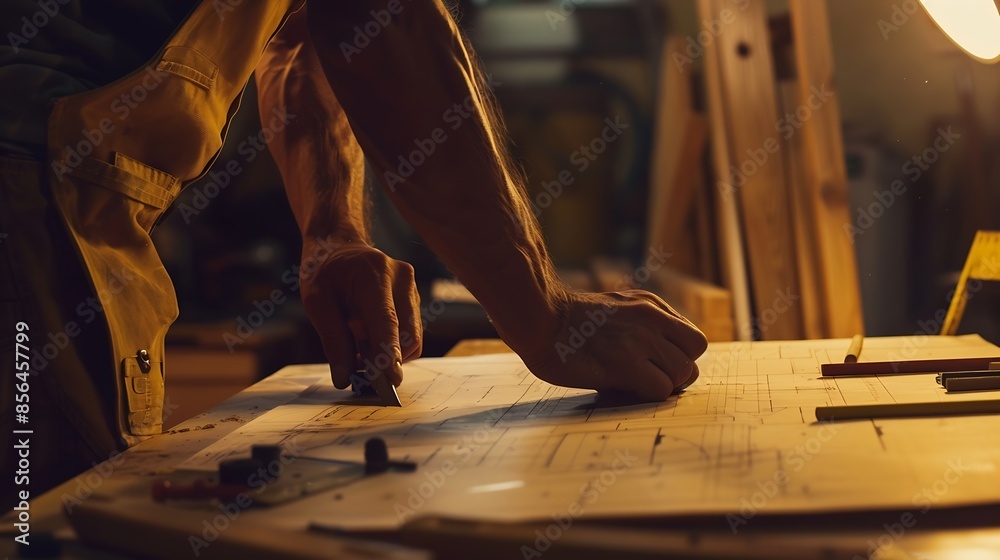 Arms of worker making structure plan on scaled paper closeup Manual job ...