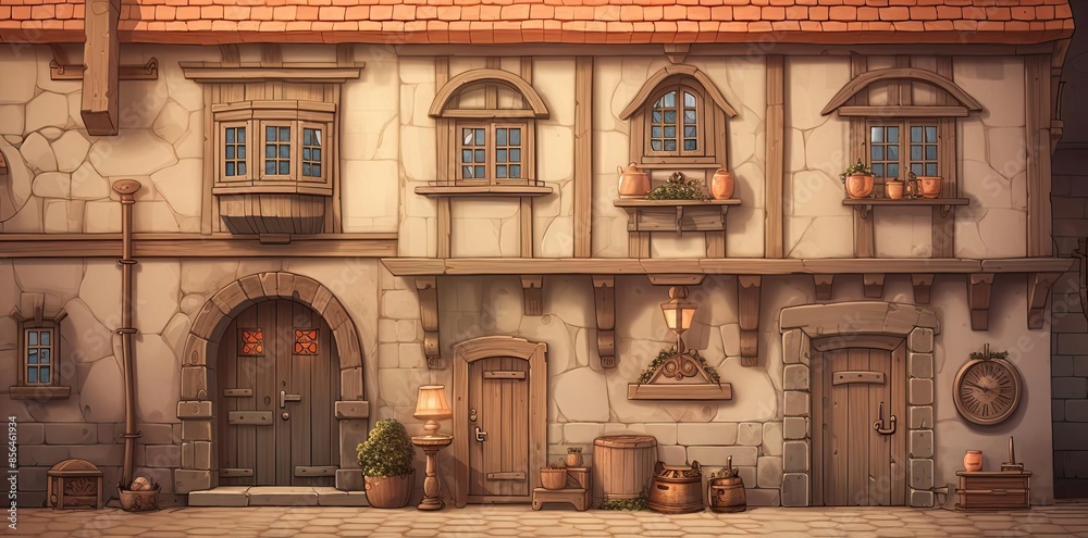 house background for a video game featuring a brown wooden door, glass ...