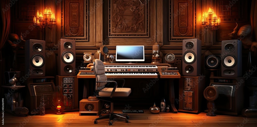 recording studio background featuring black speakers, a white keyboard ...