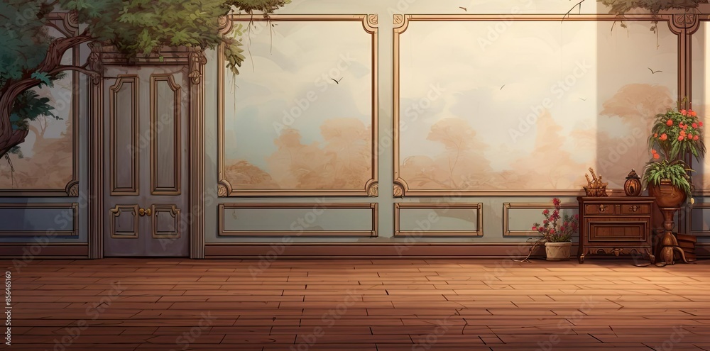 room background featuring a green tree, brown wood floor, white wall, and two doors - one brown ...