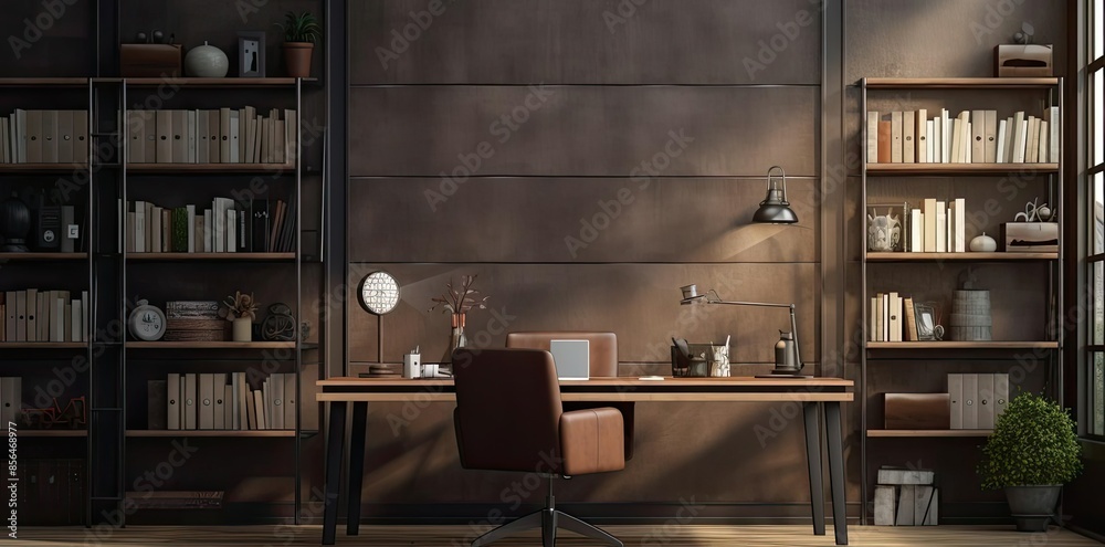 zoom backgrounds office with a brown chair, wood shelf, and silver lamp ...
