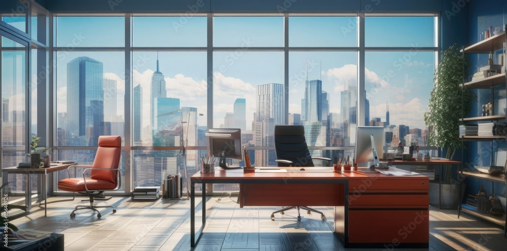 zoom office backgrounds featuring a black chair, wood desk, and brown ...