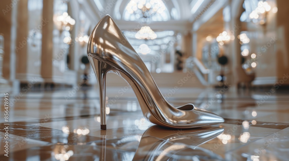 A shiny silver high heel shoe placed elegantly on a reflective floor in ...