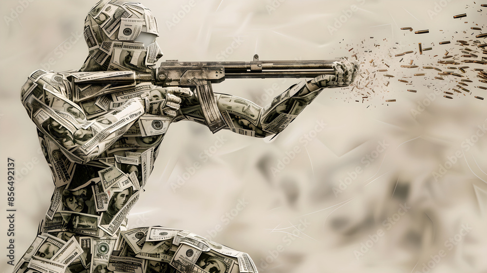 Figurine of a soldier made from dollar bills aiming a sniper rifle ...