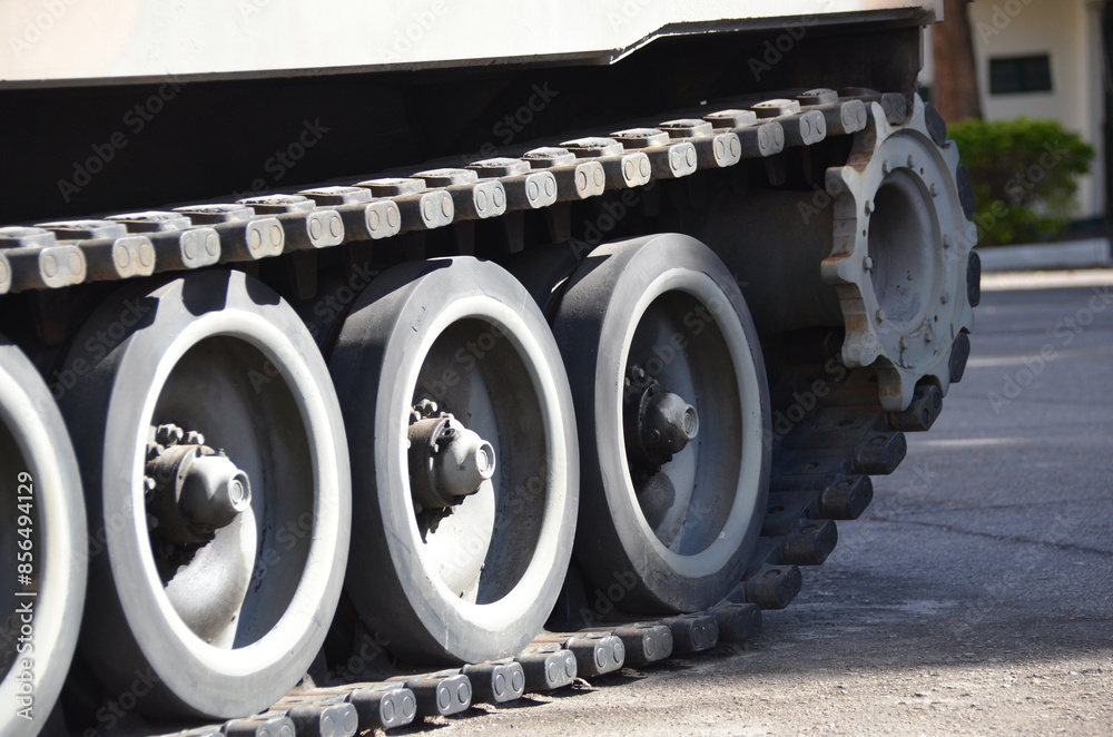 Detail of the M108 AP self-propelled howitzer is a tracked armored ...