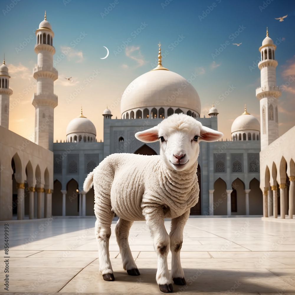 Very realistic picture, Illustration of a lamb, A lamb with a mosque ...