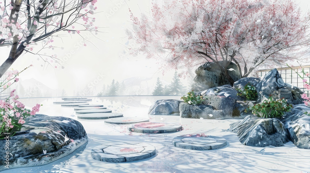 Zen garden in spring bloom, calming symmetry, digital watercolor ...