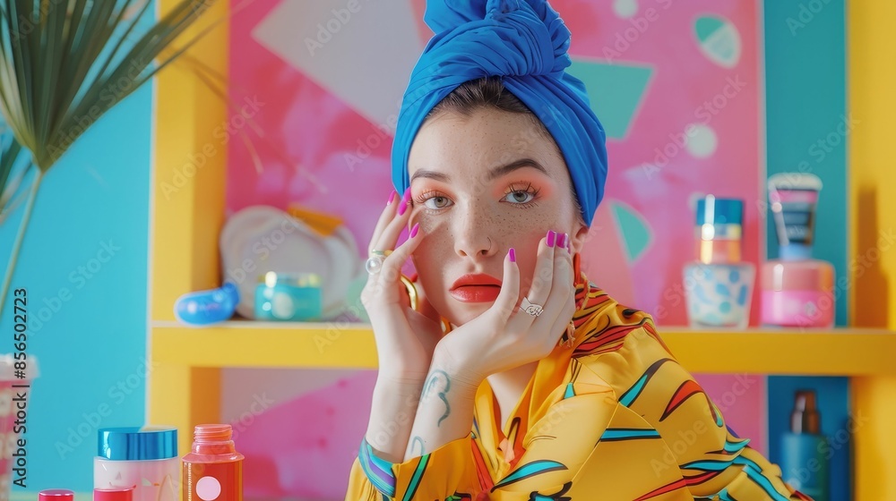 Beauty vlogger reviewing collagen skincare products, vibrant pop art ...