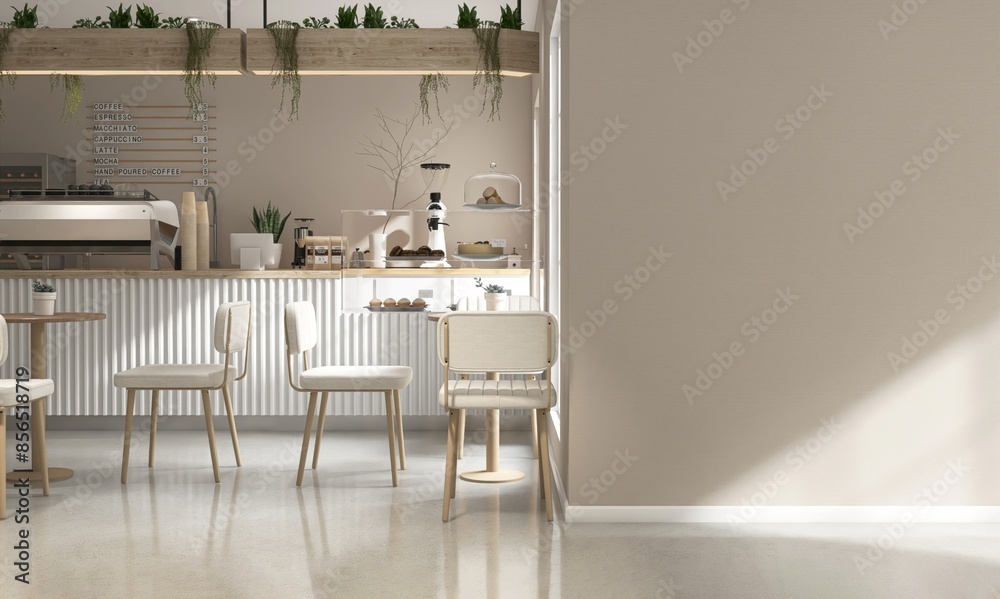 Blank beige wall of modern cafe, bakery with counter, professional ...