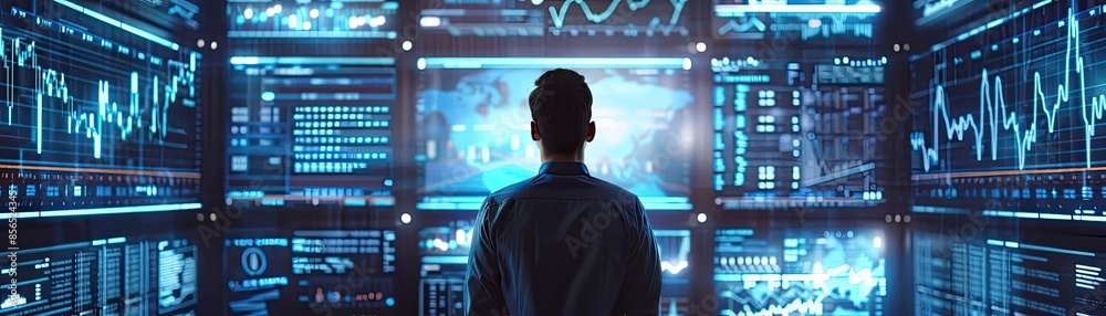 Man analyzing data on multiple screens in a modern control room, showing graphs and charts for ...