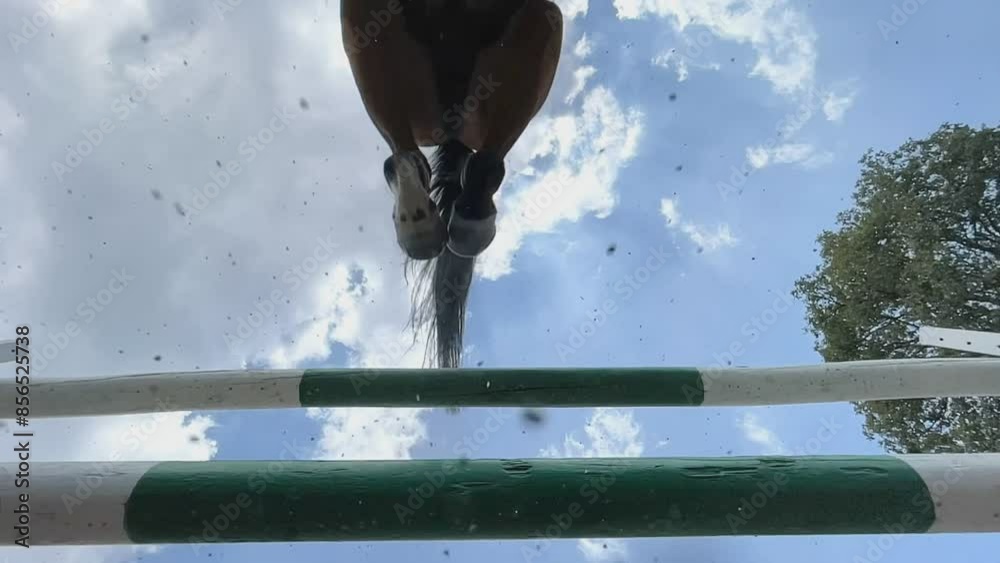 Caballo realizando un salto en camara lenta como parte de una rutina de ...