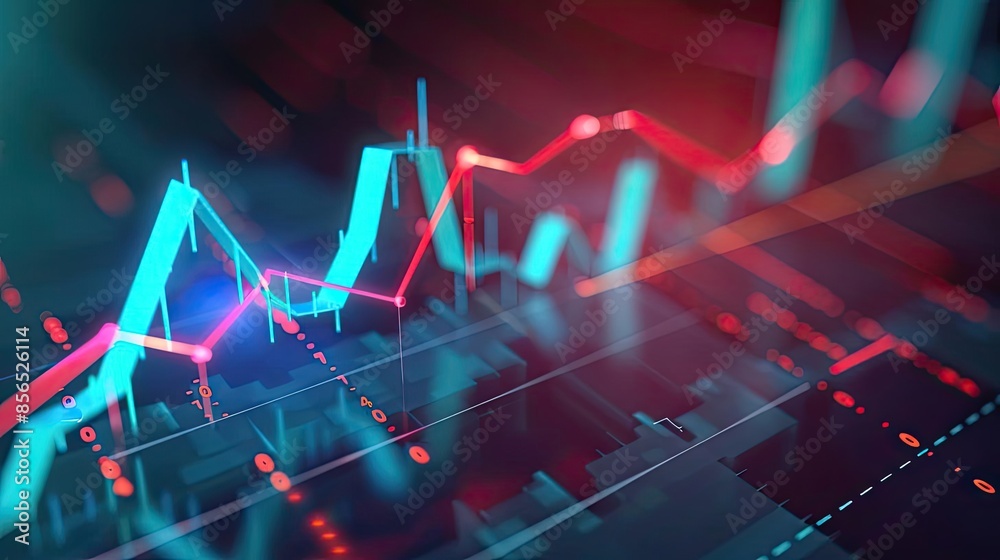 Abstract digital financial chart with glowing red and blue lines ...