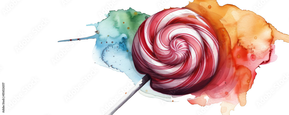 Watercolor illustration of a single lollipop with a swirl pattern ...