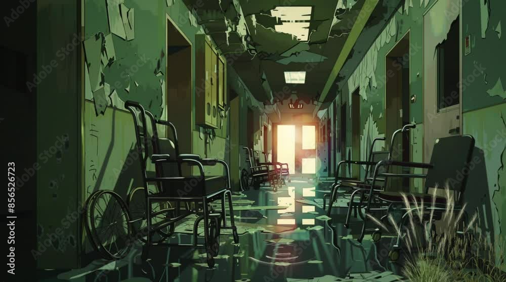 digital illustration of abandoned hospital, hallway in hospital with ...