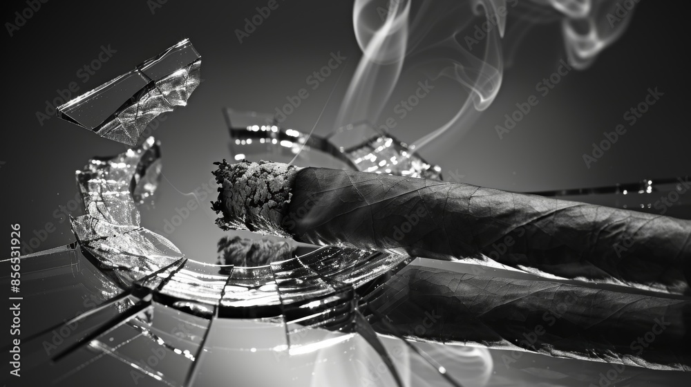 The reflection of a smoldering cigar is distorted in a broken convex ...