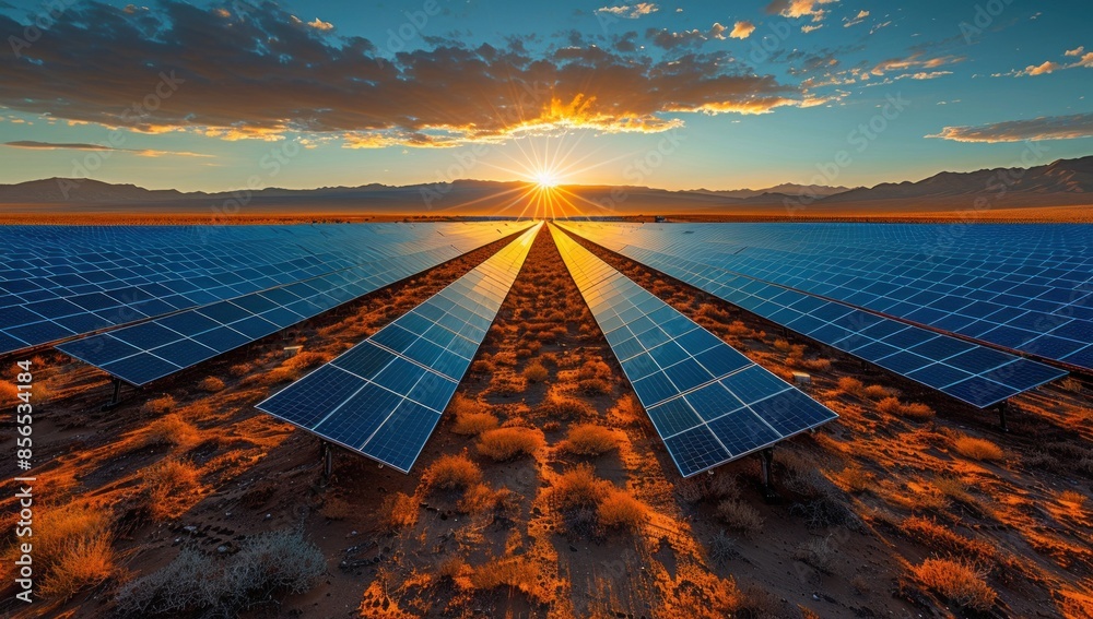 An industrial-scale solar farm stretching to the horizon, its vast ...
