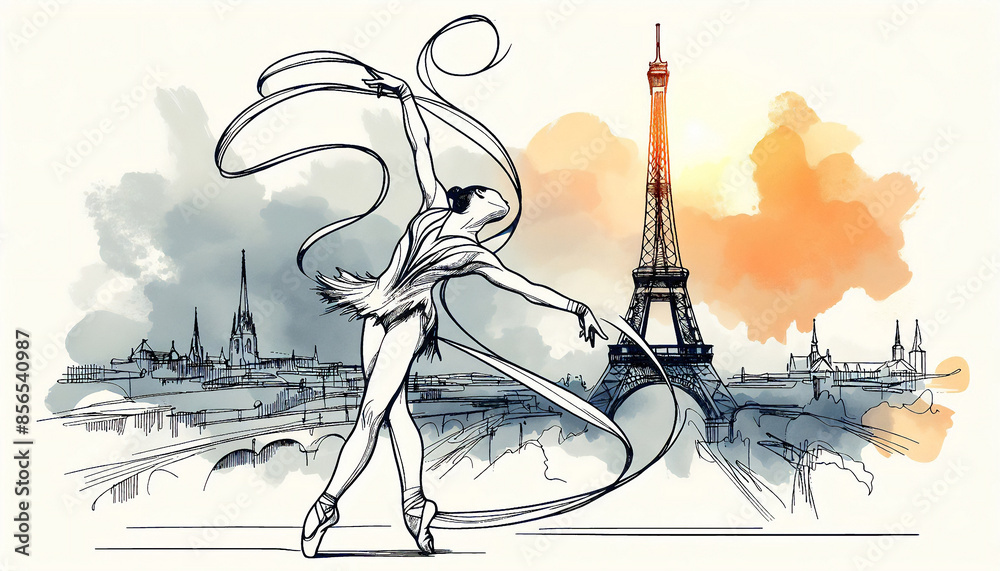 Rhythmic gymnastics. Artistic sketch of a rhythmic gymnast performing ...