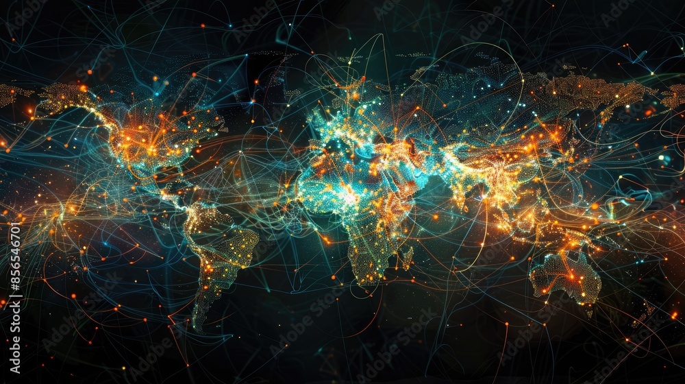 A graphic representation of a global map with interconnected nodes and ...