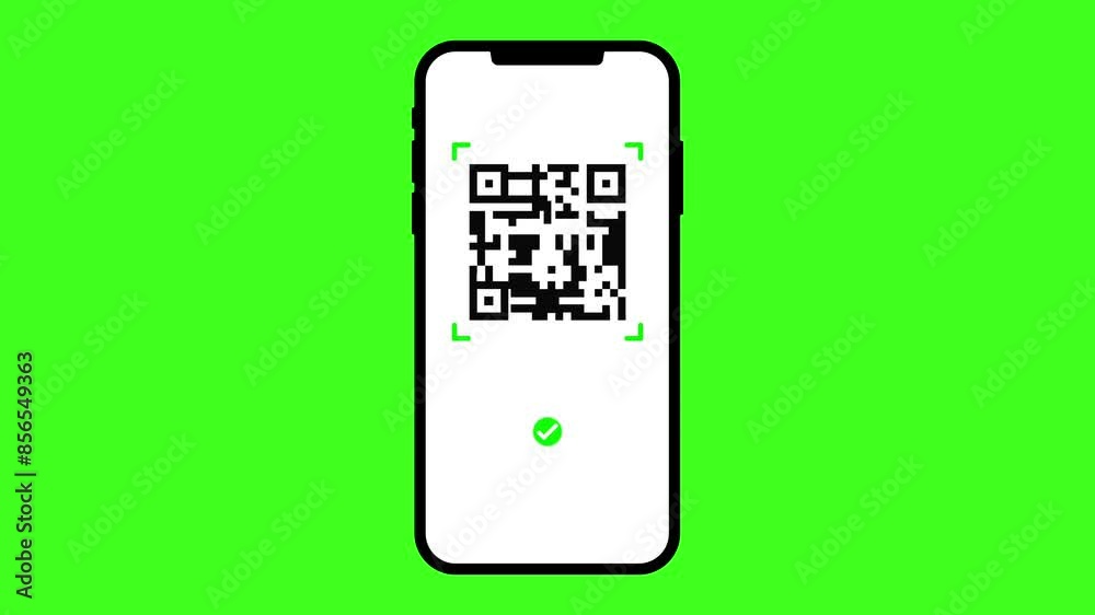 Phone with simple example QR code scan with a tick animation. Motion graphics video green screen ...